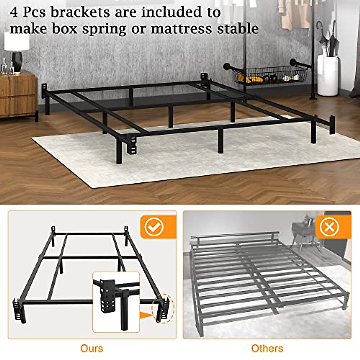 UJUJIA King Metal Bed Frame Heavy Duty Platform Bed Frames Sturdy Steel Slat Support 9 Legs Mattress Foundation Easy Assembly Adjustable Bed Frame Black