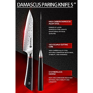 KIMROSE Damascus Utility Knife - 5 inch - 67 Layers 10Cr15CoMoV Alloy Steel - Black G10 Handle - Razor Sharp Kitchen Knife - Petty Knife, Paring - Magnetic Sheath - Gift Box