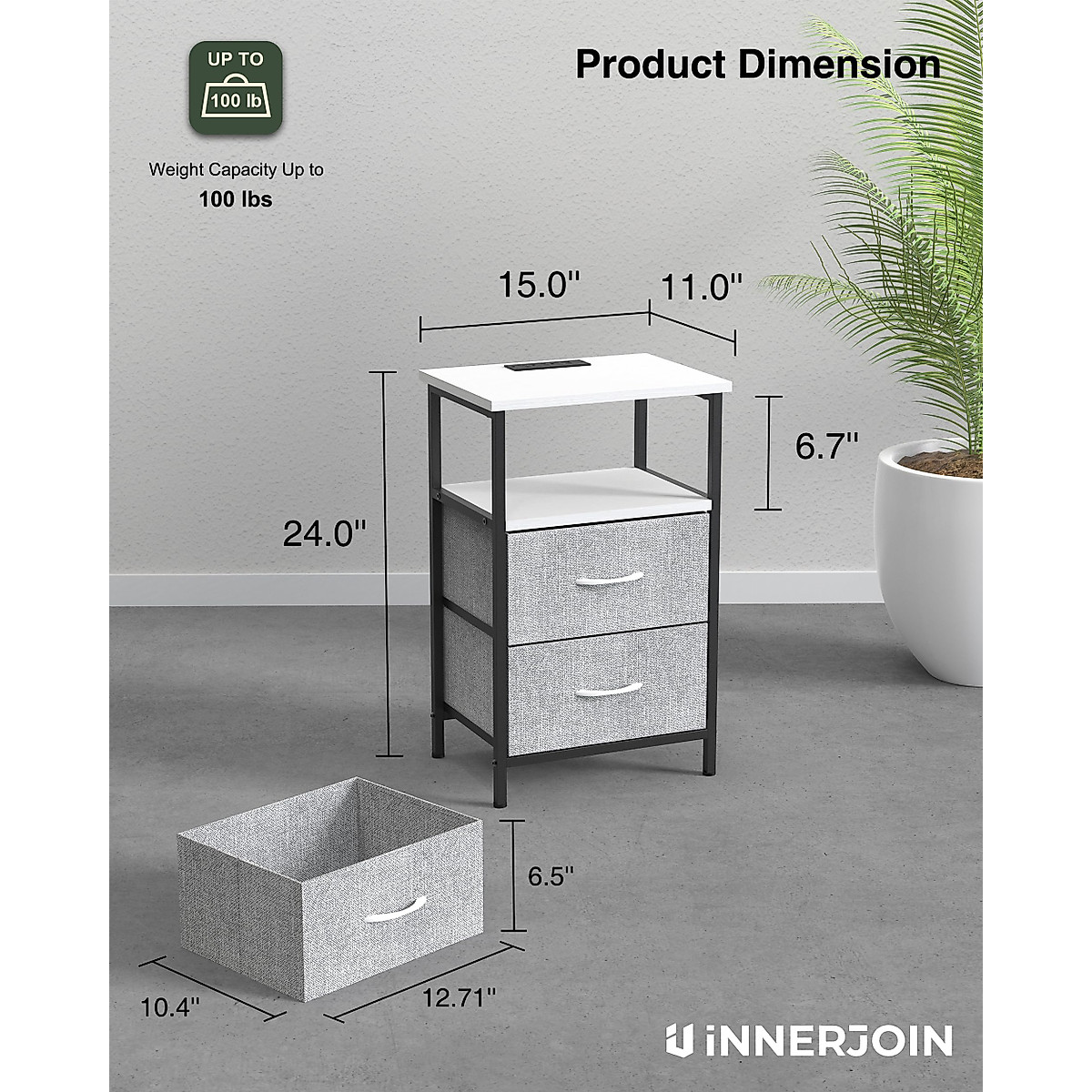 Innerjoin Nightstand with Charging Station USB A&C Ports, LED Nightstand with 2 Drawers & Storage Shelf, Bed Stand Side End Table for Bedroom Living Room Dorm, White