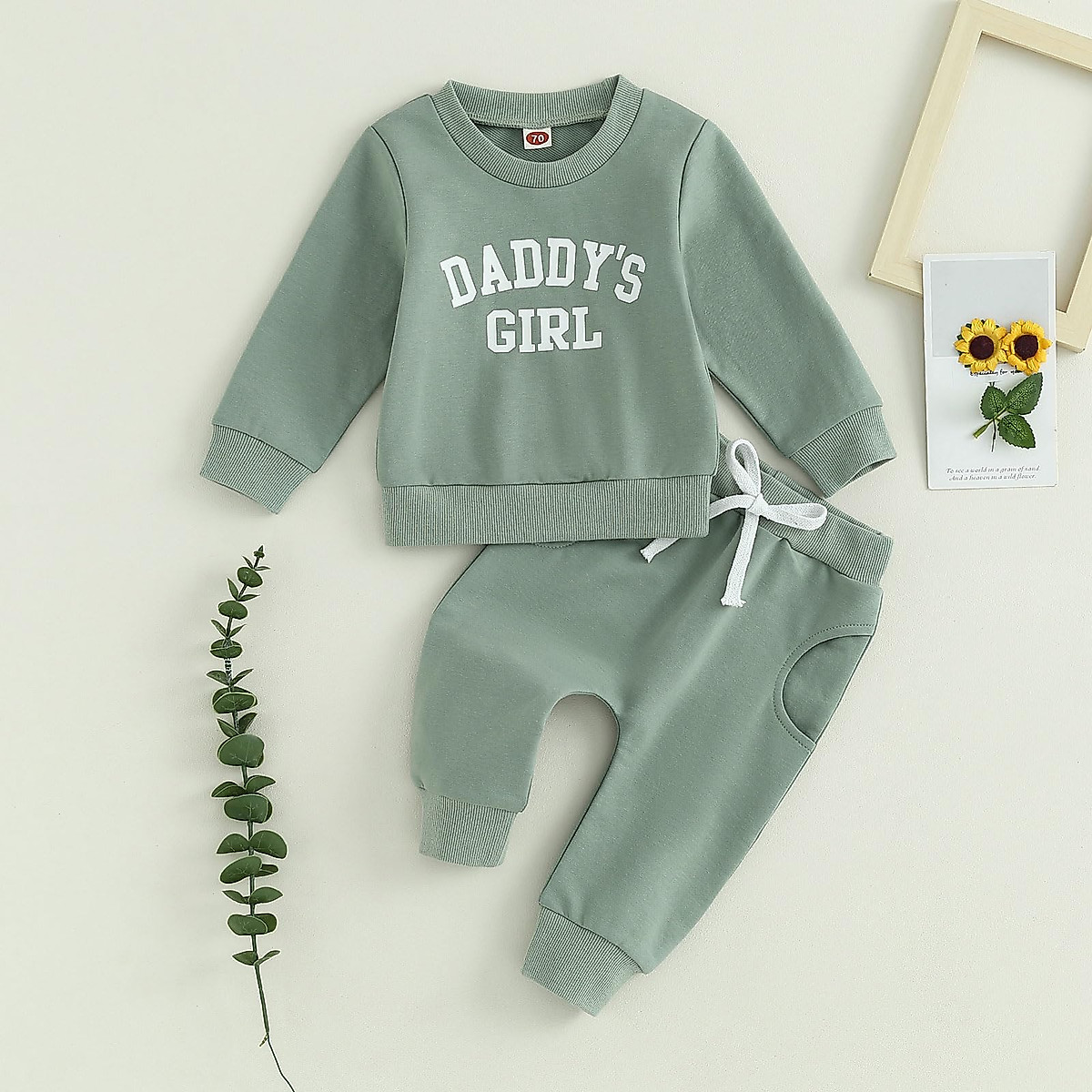 Toddler Baby Girl Clothes Long Sleeve Letter Print Crewneck Sweatshirt Sweatpants Fall Winter Sweatsuit Set Outfit (Daddy's Girl Green, 12-18 Months)