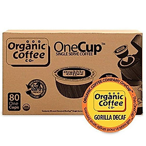 Organic Coffee Co. OneCUP Gorilla DECAF 80 Ct Natural Water Processed Medium Light Roast Compostable Coffee Pods, K Cup Compatible including Keurig 2.0