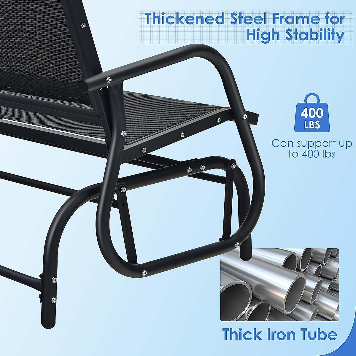 Giantex Swing Glider Chair 48 Inch with Spacious Space, 2 People Swing Lounge Glider Chair Cozy Patio Bench Outdoor & Indoor for Patio, Backyard, Poolside, Lawn Steel Rocking Garden Loveseat (Black)