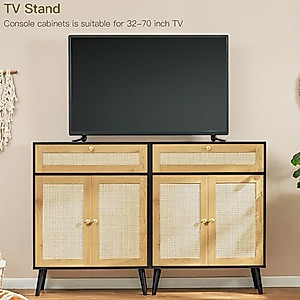 Quimoo Tall Storage Cabinet, Rattan Cabinet with Adjustable Shelf & Large Drawer, Boho Storage Cabinet, Accent Cabinet for Entryway, Living Room, Black