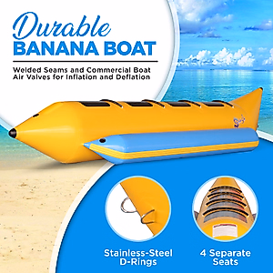 SereneLife Inflatable Floating Banana Boat, Towable Tube for Boating, up to 4 Riders, Includes Storage Bag, Food Pump, and Repair Kit