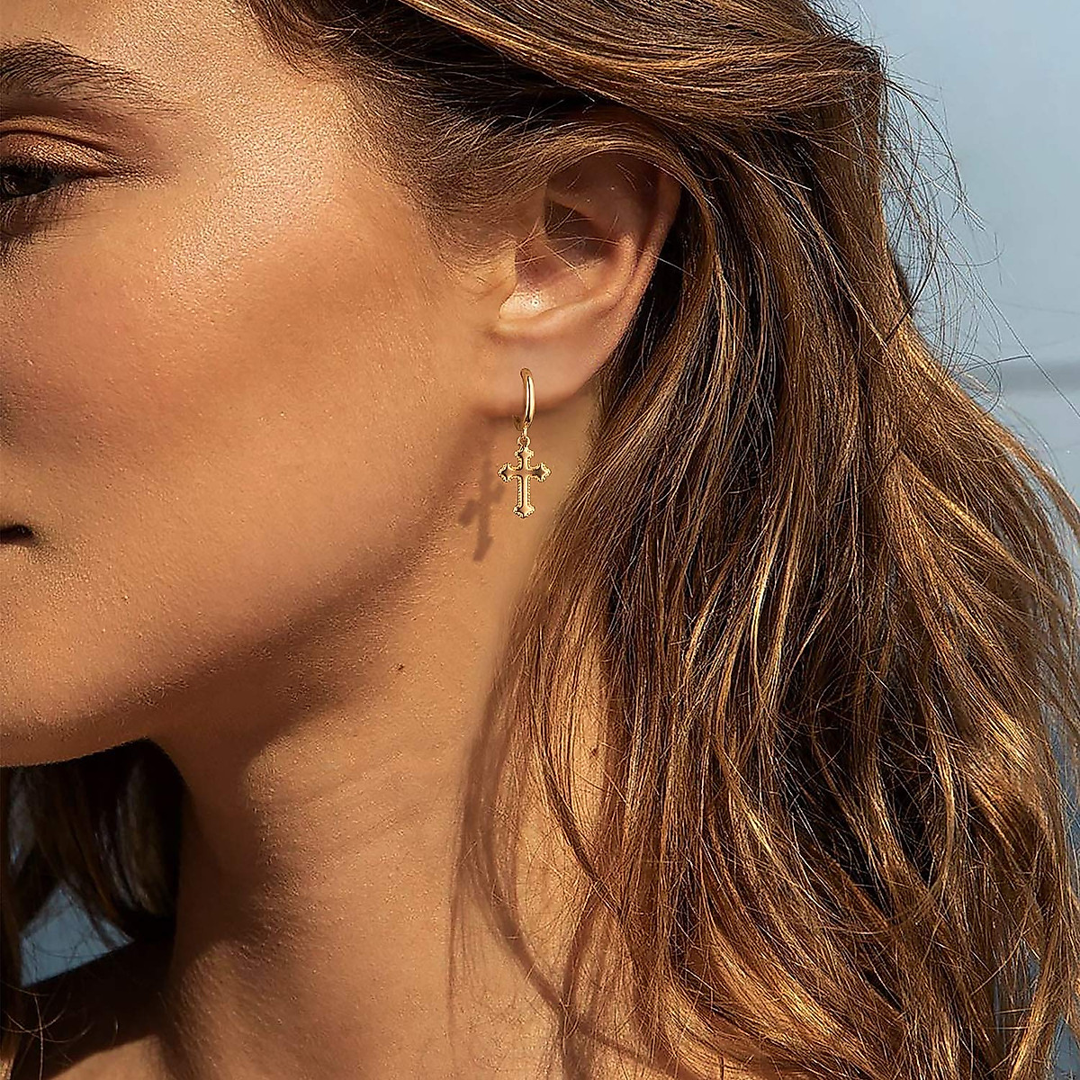 MEVECCO Tiny Cross Hoop Earrings 14K Gold Plated Dainty Minimalist Simple Faith Cross Dangle Huggie Earrings For Women Jewelry Gift