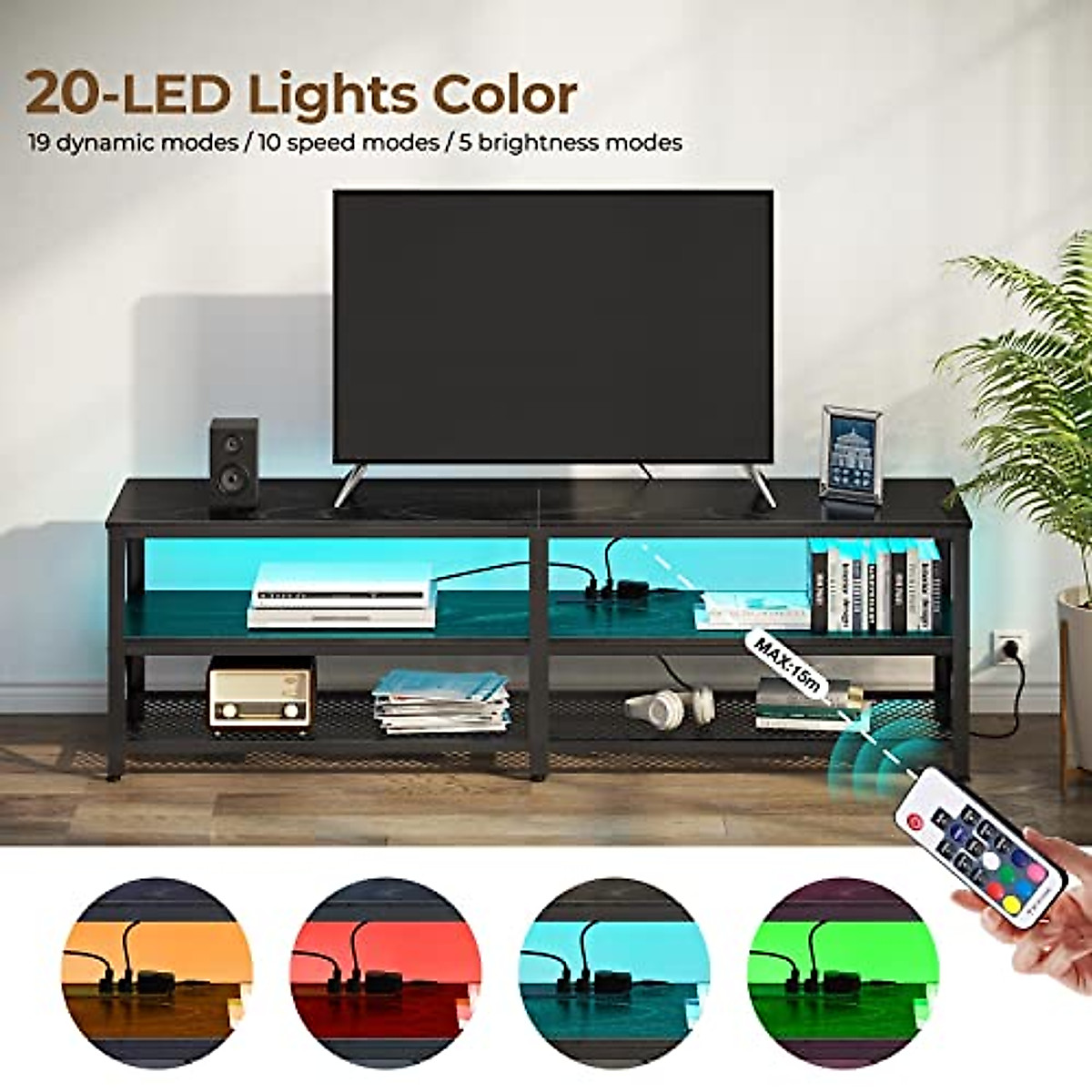 Rolanstar TV Stand with Led Lights & Power Outlets for 32/40/45/55/60/65/70 inch TVs, Entertainment Center with Open Storage, TV Table, 3-Tier Television Stands for Living Room, Black