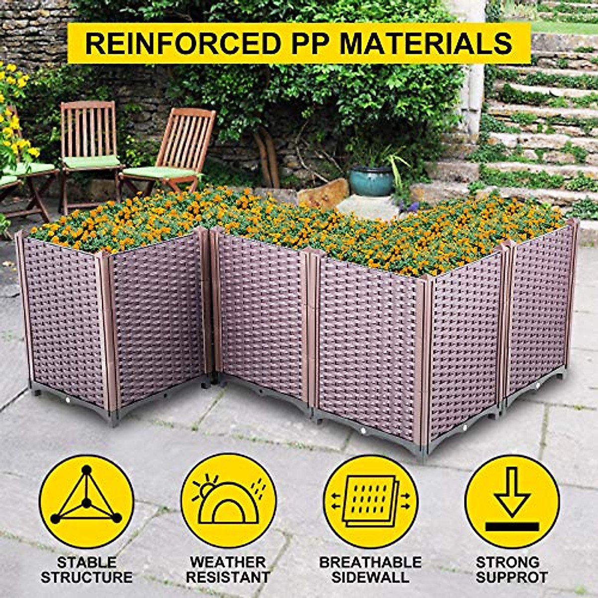 VEVOR Plastic Raised Garden Bed, 20.5" High Set of 5, Rattan Style Grow Planter Care Box Kit, Self-Watering Elevated for Herbs, Flowers, and Other Plants Indoor ot Outdoor, Brown