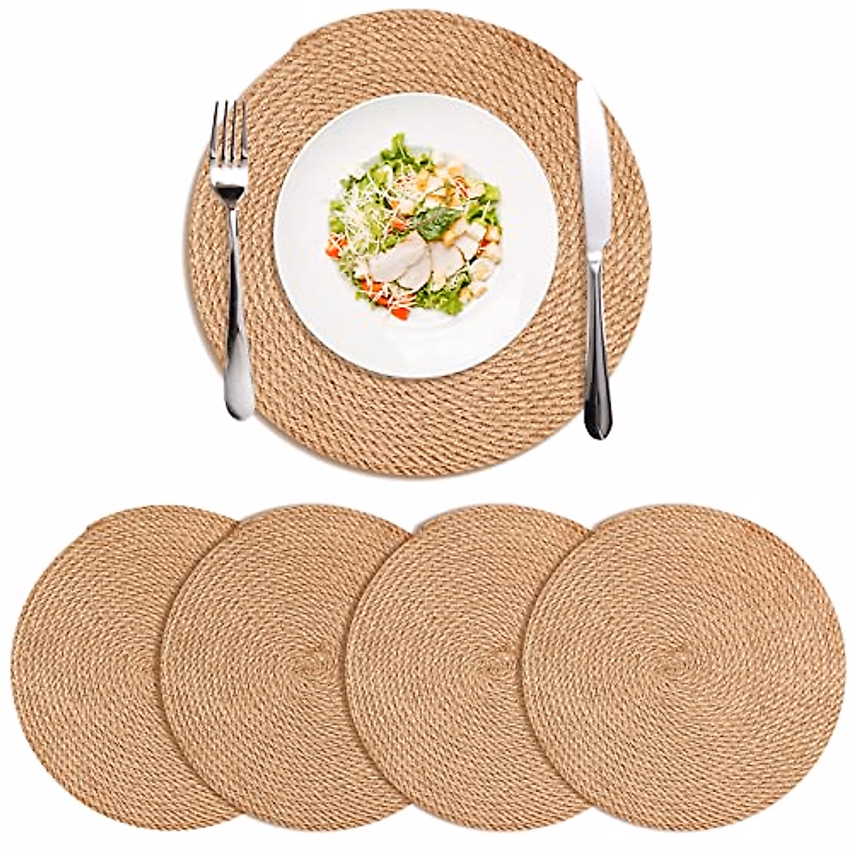 Amidaky Round Woven Placemats Set of 4 Braided Placemats Washable Natural Jute Round Table Mats 14 inches Brown