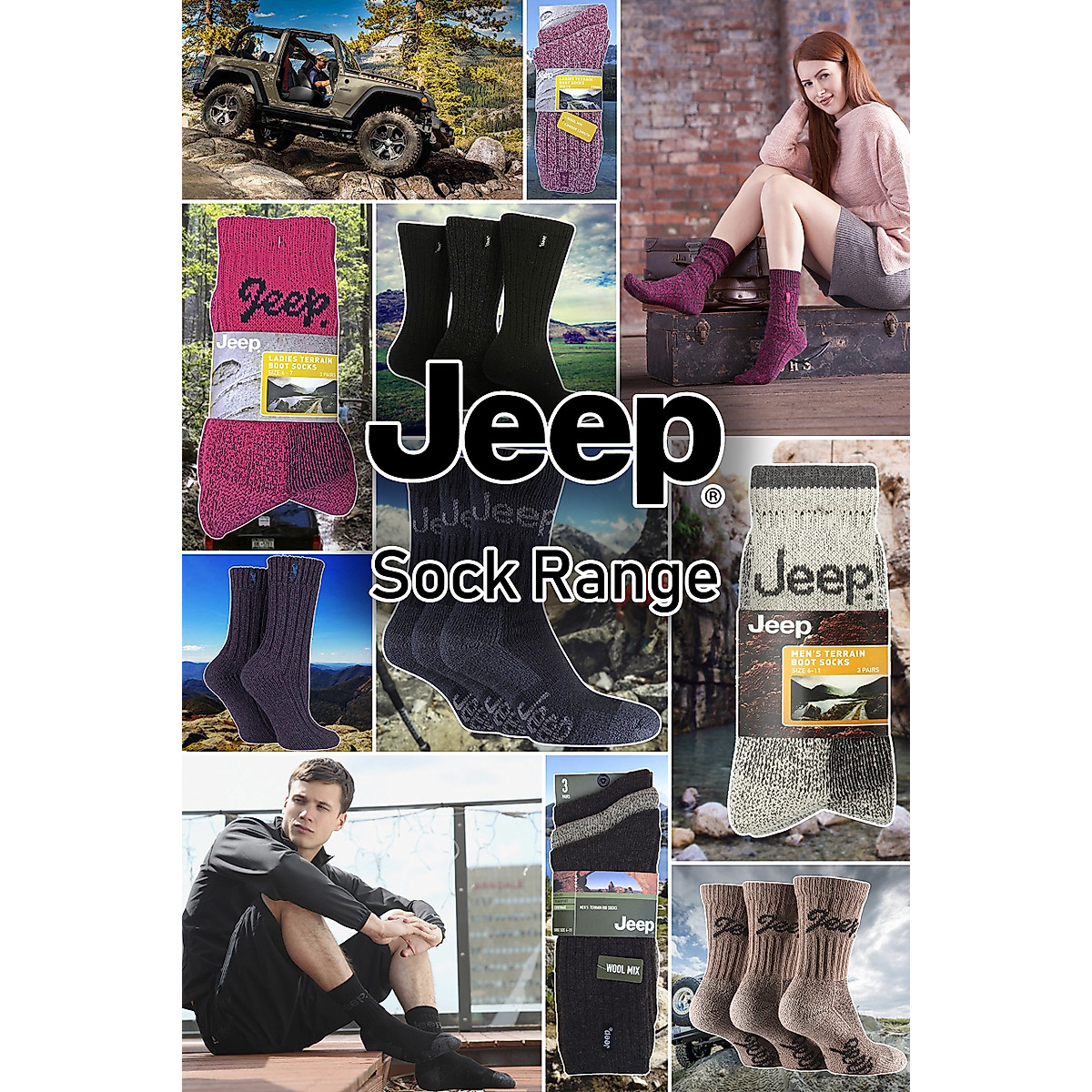 3 pairs Men's Jeep Terrain walking hiking Cushioned Boot Socks Black 7-12 us