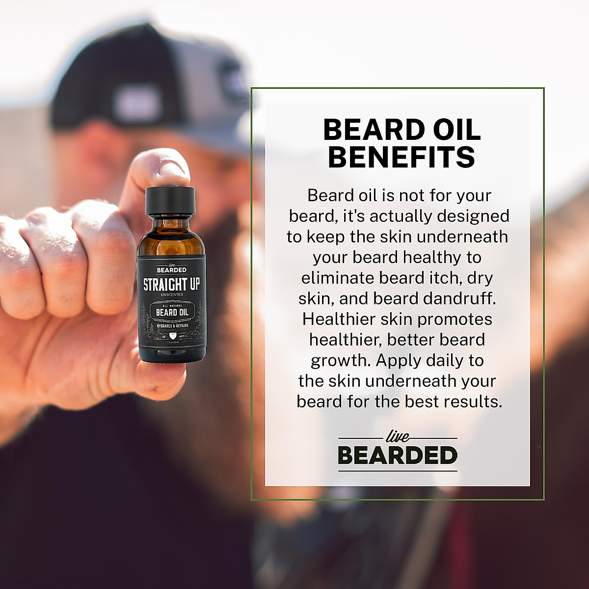 Live Bearded Beard Oil, 1 fl oz - Premium All-Natural Jojoba - Made in the USA - Hair and Skin Care for Men with Dry, Flaky Patches | Straight Up Unscented - Fragrance-Free