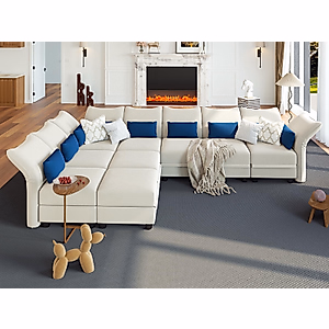 LLappuil Oversized Modular Sectional Sofa 153.4" 9-Seater L Shaped Couch with Large Storage Chaise, Velvet High Back Recliner Couches with Big Ottoman for Living Room, White