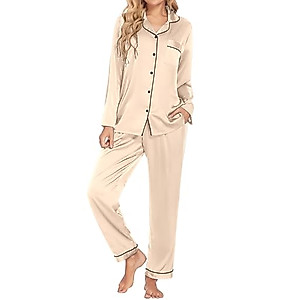 Ekouaer Silky Pajamas for Women Long Sleeve Satin Top with Long Lounge Pants Set Pockets Sleepwear Pjs (Champagne,M)