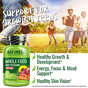 NATURELO Whole Food Multivitamin for Teens - Vitamins and Minerals for Teenage Boys and Girls - Supplement for Active Kids - with Organic Whole Foods - Non-GMO - Vegan & Vegetarian - 60 Capsules