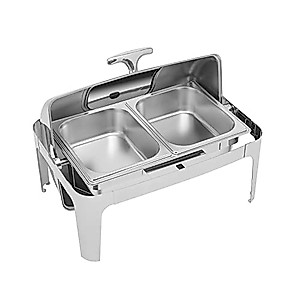 2 Compartment Roll Top Chaffing Server Set Food Insulation Chafer Warmer Stainless Steel Chafing Dish Buffet Set with Visible Window Catering Party Chafing Buffet Server Food Warmer Chafer Dish Warmer
