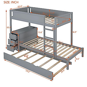 CITYLIGHT Twin Over Twin Bunk Beds with Desk and Storage Drawers, Wood Bunk Beds with Trundle, Twin Bunk Bed with Charging Station for Kids Teens, Girls Boys, Grey