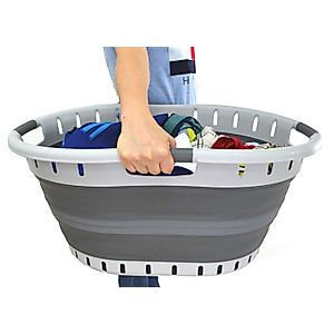SAMMART 57L (15 Gallons) Collapsible 3-Handled Plastic Laundry Basket - Oval Tub - Portable Washing Tub-Space Saving Laundry Hamper, Water Capacity 44L / 11.6 Gallon (2 pcs - Oval, Dark Grey)