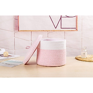YUKIMOCOO S Size Pink Cotton Rope Basket with Lid Mini Woven Basket Cute Toy Storage Basket Towel Storage Little Organizer Pink Basket for Living Room Nursery Storage Basket Pink Basket for Girl