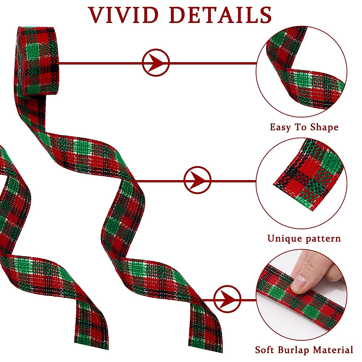 Whaline 10 Rolls 50 Yards Christmas Burlap Ribbon Rolls 1 Inch Wired Plaid Wrapping Ribbon Xmas Decorative Ribbon for Wreath Bow Gift Decor