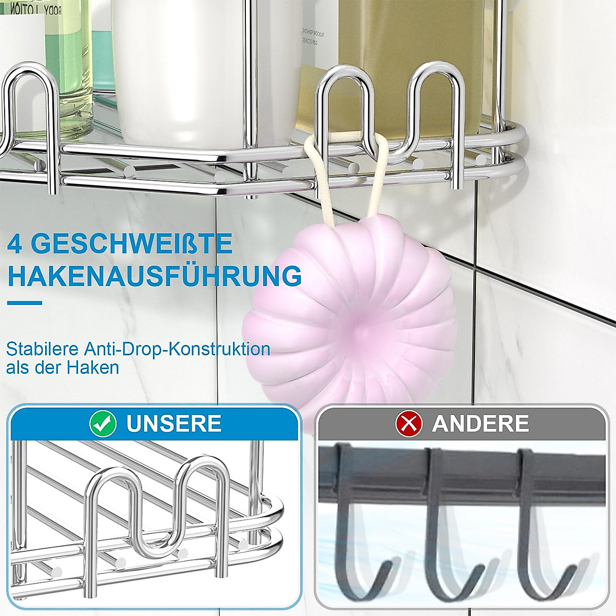 STEUGO Corner Shower Caddy, Shower Organizer Corner Shower Shelf with 12 Hooks,3-Pack Adhesive Stainless Steel Shower Shelves for Bathroom Storage，No Drilling Wall Mounted Shower Rack (Silver)