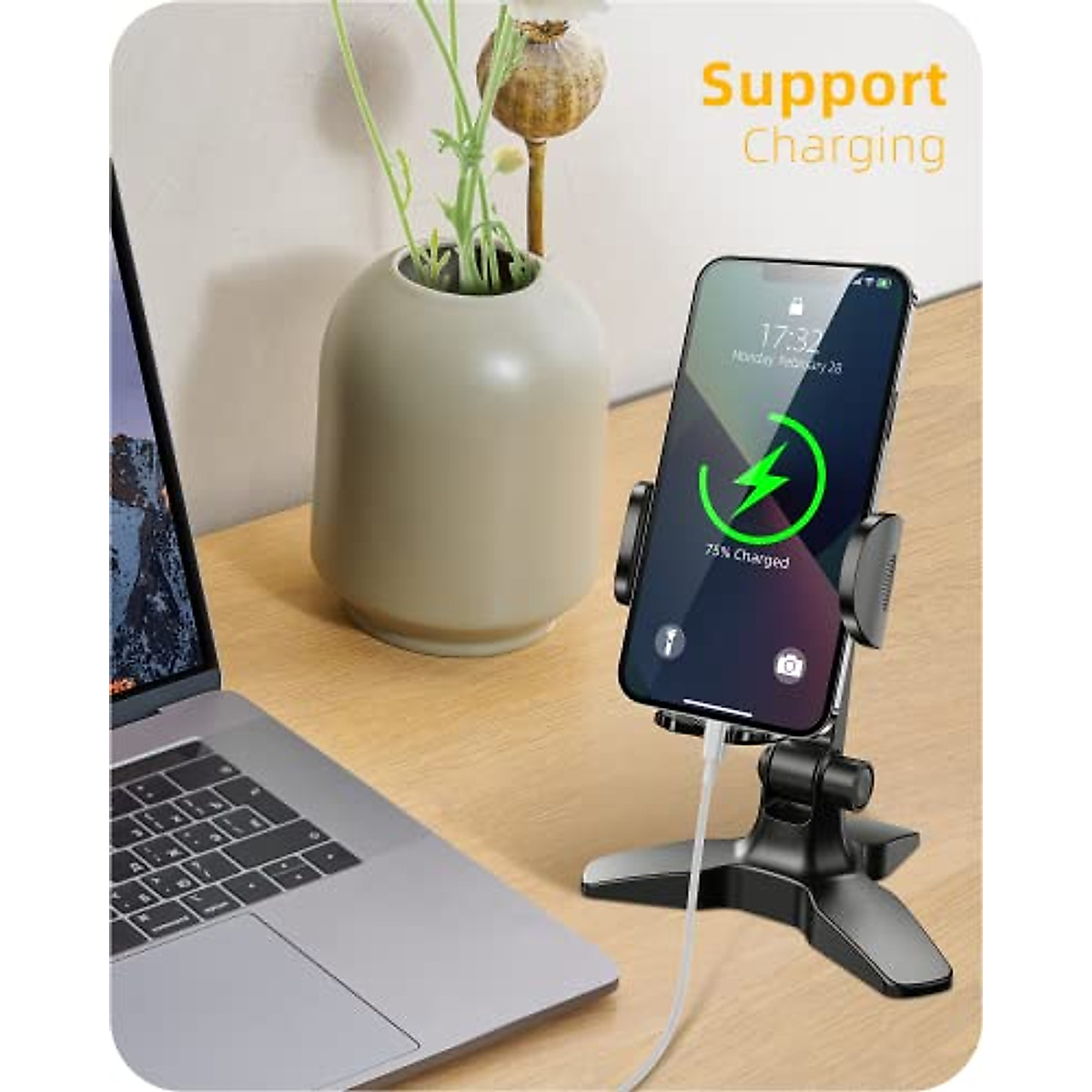 Cell Phone Stand for Desk, Adjustable Desk Phone Stand, Thick Case Friendly Cell Phone Holder Desk, Heavy Duty Phone Stand for Recording Office Home, Compatible with iPhone 14 13 12 11, Galaxy s20