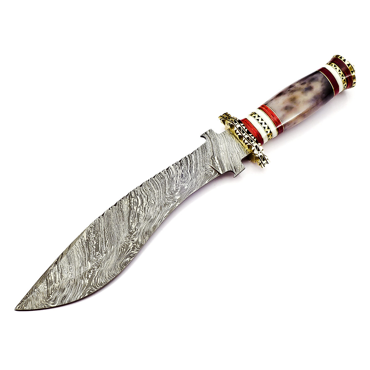 Skokie Knives Custom Damascus Steel Hunting Knife Color Camel Bone Handle with Brass Spacer -Handmade Premium Quality Edge Fixed Blade – For Multipurpose – Ideal for Survival Hunting Camping Hiking Outdoor Every Day Carry Professional Use Art of Craftsman