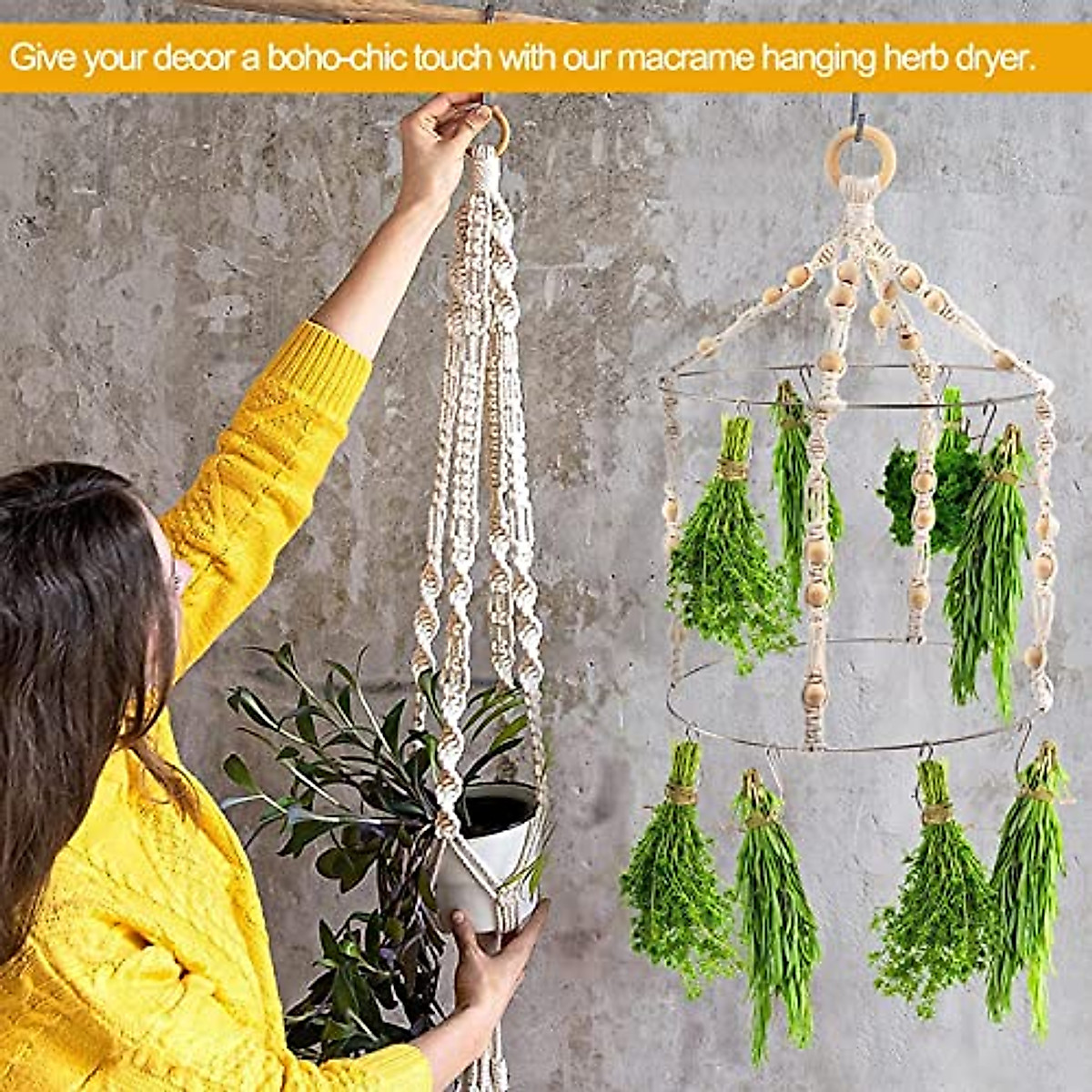 Gecorid Boho Drying Rack | Macrame Flower Drying Rack with 15 Hooks - Kitchen Decor Dryer Hangers for Drying Air Plants Spices Flowers