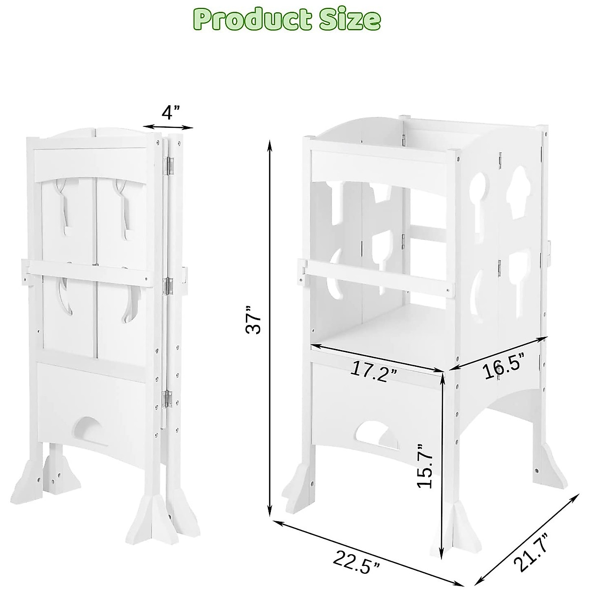 Kitchen Step Stool for Kids, Toddler Wooden Standing Tower, Folding Child Step Stool, Safety Cooking Standing Stool for Children with Lockable Handrail, White