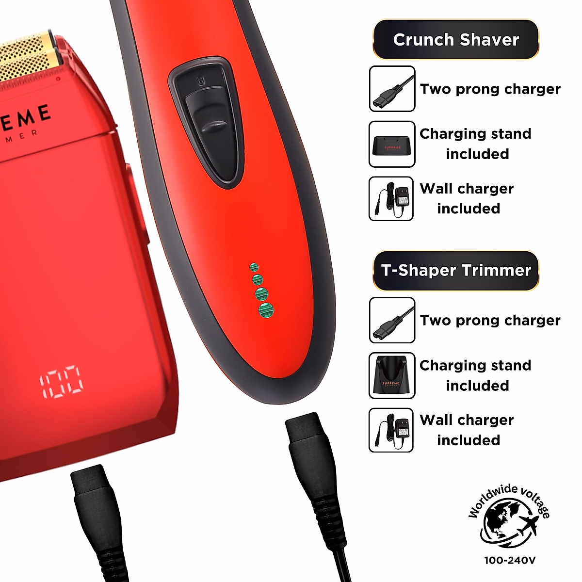 Supreme Trimmer 2-in-1 DLC T-Shaper Trimmer & Crunch Foil Shaver | STF602 Electric Razor & ST5215 Beard Trimmer Barber Haircut Kit | Red
