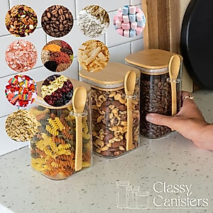 Set of 3 Square Glass Food Storage Containers With Bamboo Lids & Spoons – Decorative Airtight 40 Ounce Borosilicate Glass Food Storage Jars for Coffee, Tea, Sugar, Flour, Candy, Bath Salts & More