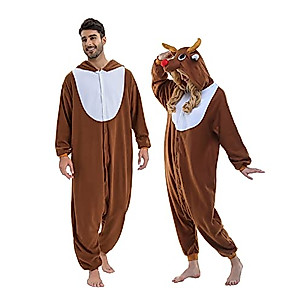 NEWCOSPLAY Unisex Adult Coffee Reindeer Onesie Plush One Piece Pajamas Christmas Costume(Small, Coffee Reindeer)