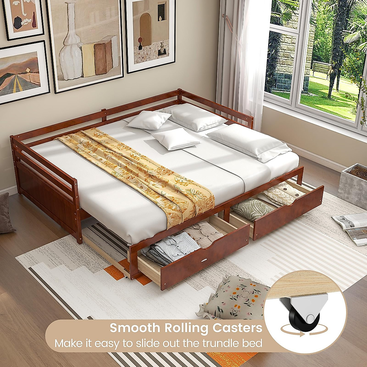 KOMFOTT Wood Daybed with Trundle, Extendable Twin to King Daybed Frame with 2 Storage Drawers, Space Saving Dual-use Sofa Daybed for Bedroom, Guest Room, No Box Spring Required (Walnut)