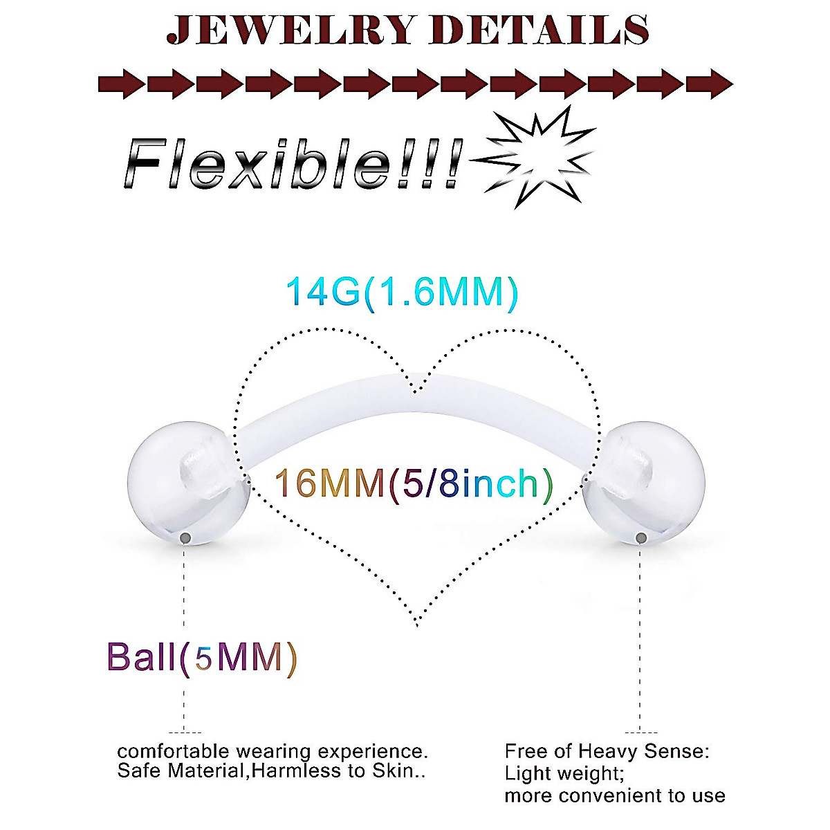 Prjndjw 14G Flexible Plastic Acrylic Piercing Jewelry, 48Pcs Curved Barbell Body Piercing for Women Men, Glow in The Dark Tongue Nipple Rings Retainer, 16mm, Hypoallergenic