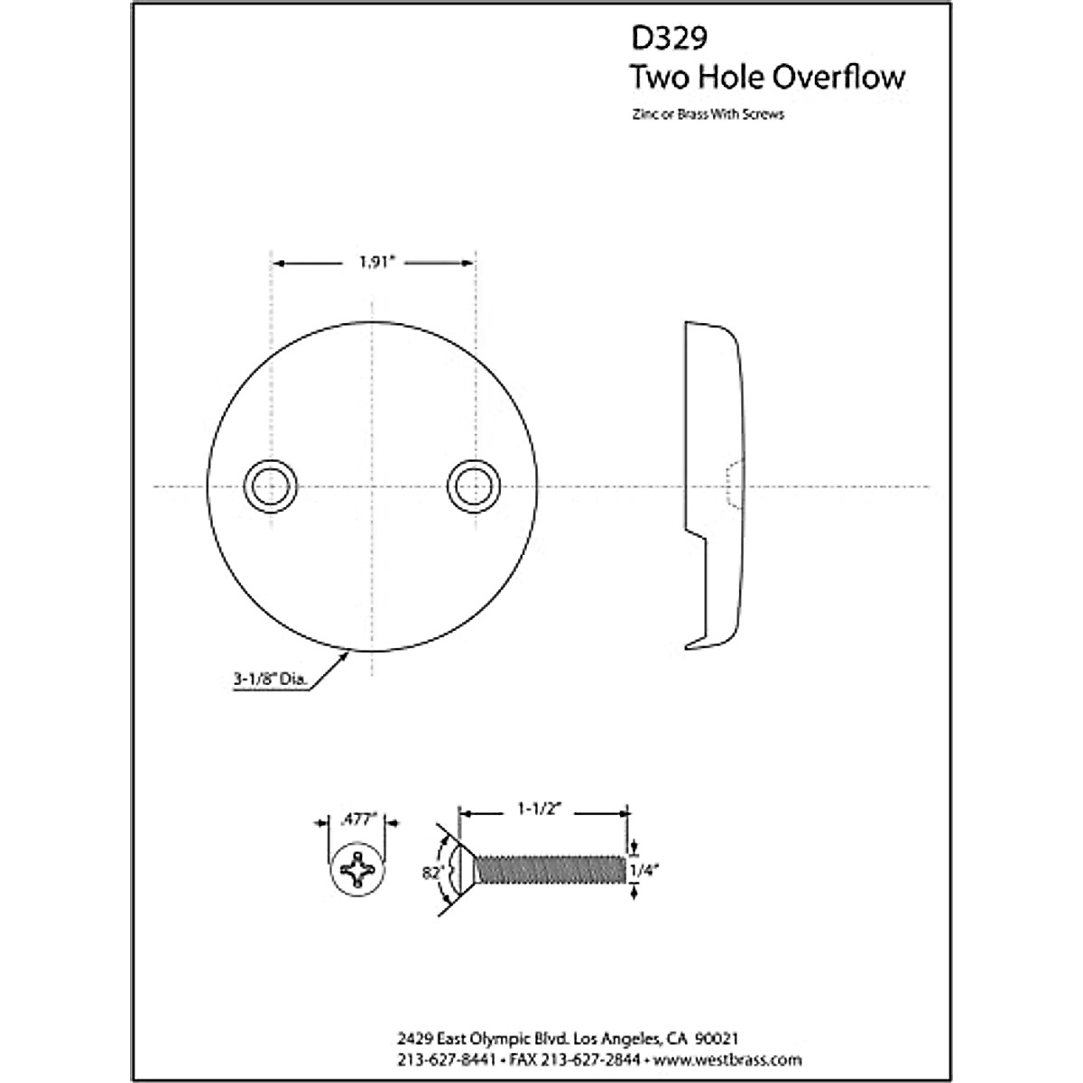 Westbrass 3-1/8" Two-Hole Overflow Face Plate and Screws, Matte Black, D329-62