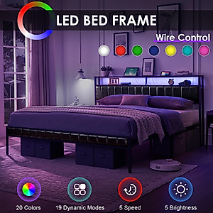 AMERLIFE King Size Platform Bed Frame, LED Bed Frame with PU Leather & Charging Station, 2-Tier Storage Headboard/No Box Spring Needed/Noise Free, Black