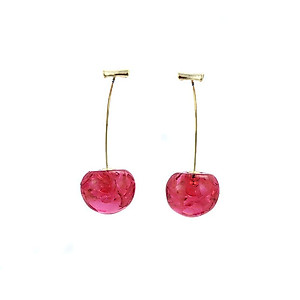 3D Dried Flower Red Cherry Drop Dangle Earrings Sweet Cute Stereo Fruit Jewelry for Women (Red)
