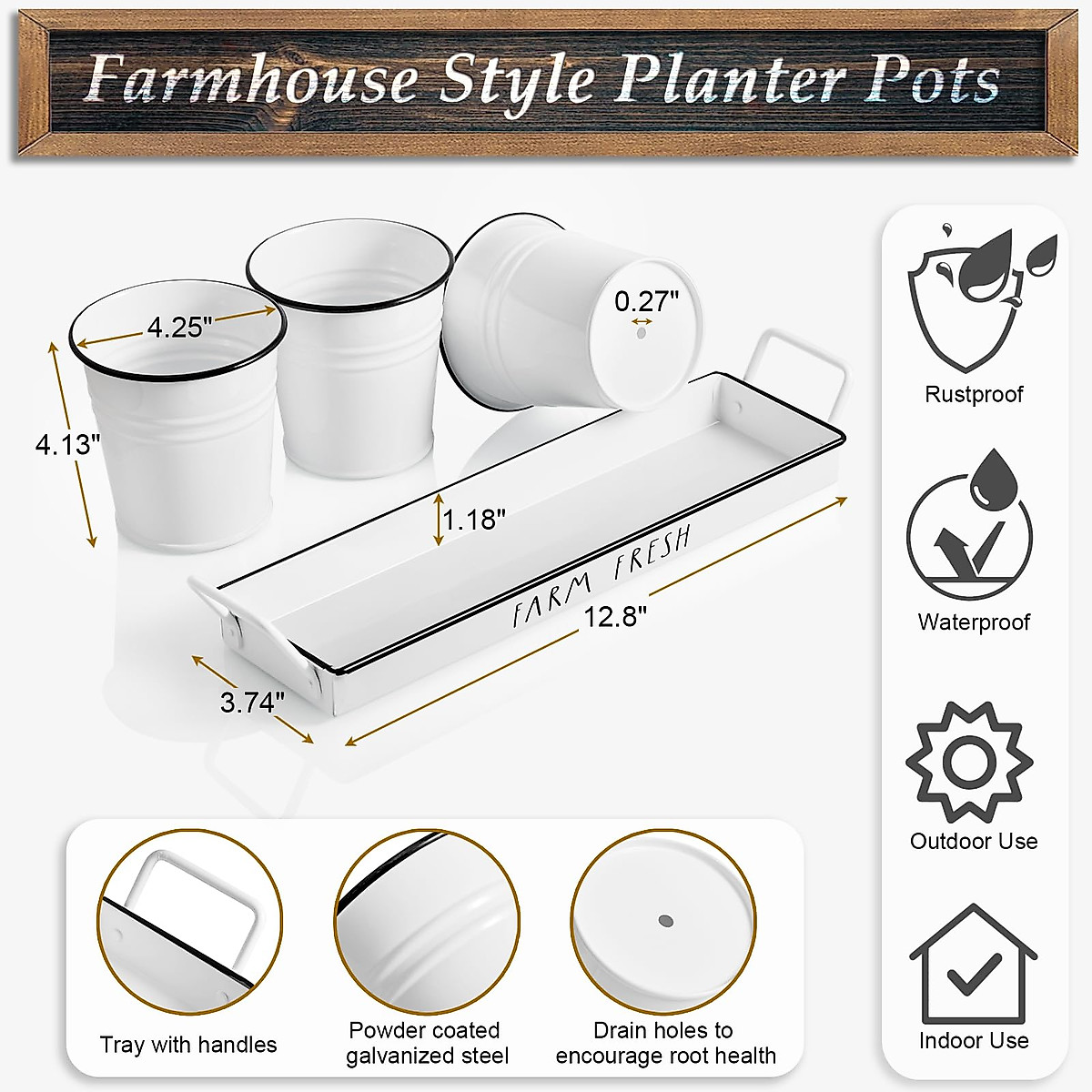 DAYYET Farmhouse Herb Garden Planter Indoor Window Planter Set with Tray, White Windowsill Herb Planter Pots with Drainage for Outdoor or Indoor Planters, Set of 3
