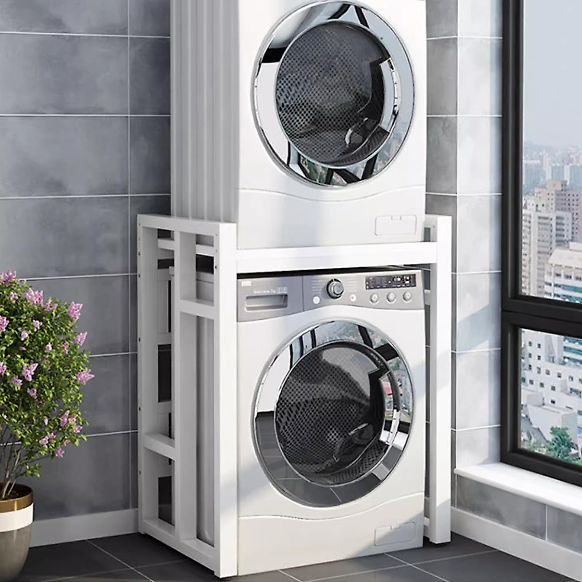 Topjia Thicken Washing Machine Shelf with Adjustable Shelf,Space Saver Stackable Storage Shelf,Washer Dryer Stacking Rack Stand for Laundry Room Apartments Garages(29.5"x25.6"x41.3", White)