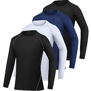 HOPLYNN Youth Boy’s Compression Shirts, Long Sleeve Quick Dry Cold Weather Gear Undershirts for Kid’s Athletic Sports Football Basketball-2 Black 1 Blue 1 White-M