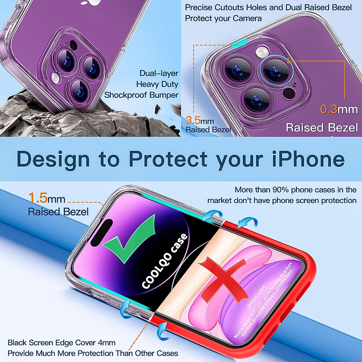 COOLQO Compatible for iPhone 14 Pro Max Case with Screen Protectors, Military Grade Drop Protection, Dual Layer Design Non-Yellowing Heavy Duty Protective Shockproof Phone Bumper Case, Clear