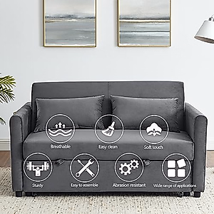 FANYE Foldable Futon Sofa Loveseat Convertible Sleeper Couch Bed for Small Space Apartment Office Living Room Furniture Sets with 2, Tufted Back & Seat Sofabed, Gray Velvet Bring Side Pockets, Pillows