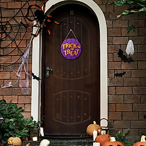 Halloween Hanging Sign with Rope, Trick or Treat Spider Web Sign, Front Door Porch Halloween Round Wood Sign, Halloween BOO Party Supplies, Indoor Outdoor Decor Wall Wood Sign Plaque - 8"(1pc),06