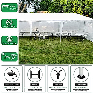 Meet perfect 10'x30' Party Tent Outdoor Canopy, Wedding Tent Storage Shelter Pavilion UV-Proof Grill Gazebo for BBQ Beach Event with 8 Sidewalls & 2 Zipped Doors, Not for Rainy or Windy Days- White