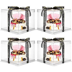 4 Pcs Clear Cake Boxes with a 147 ft Ribbon 10 x 10 x 9 Inch Tall Cake Box for Wedding Birthday Anniversary Baking Cookie Display Pack Baking Box Transparent Cake Box Portable Tall Layer Bakery Box