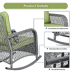 VONZOY Outdoor Rocking Chairs, Wicker Patio Furniture with Green Thickened Cushion for Porch Balcony Deck