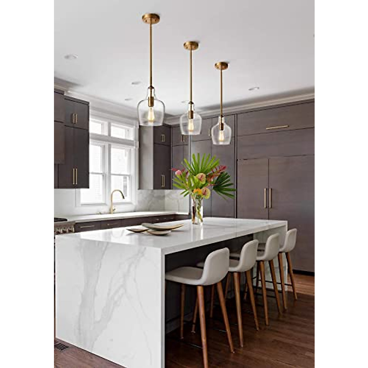 JEENKAE Modern Brass Glass Kitchen Pendant Lighting Rod-Hung Gold Pendant Light, 1-Light-1