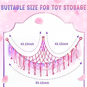 Windyun 2 Pcs Stuffed Animal Storage Hammock or Net with LED Light Stuffed Hanging Toy Hammock Mesh Organizer Holder Doll Room Corner for Kids Room Nursery Playroom Bedroom, Pink