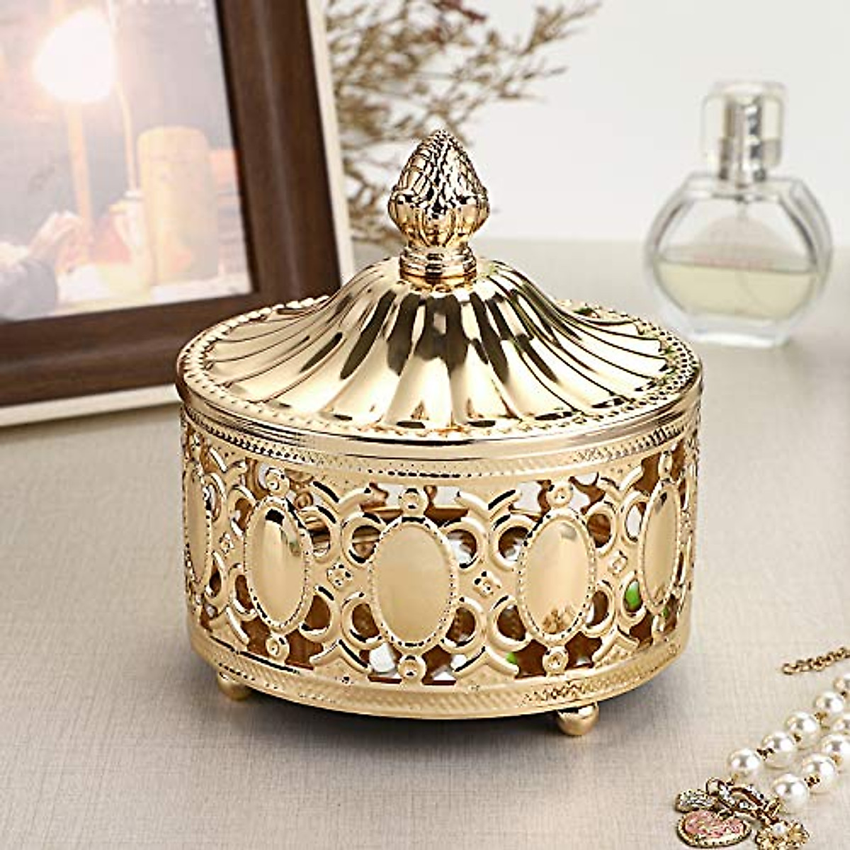 Hipiwe hollow out Metal Jewelry Box with Lid - Gold Mirrored Jewelry Trinket Organizer Ring Earrings Necklace Home Decor Storage Box, Chest Keepsake Gift Box for Women Girls