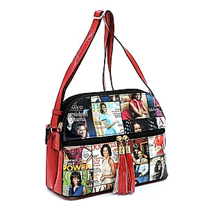 AMY&JOEY Glossy magazine cover collage multi compartments crossbody bag purses Michelle Obama bags with tassels (MULTI/RED)