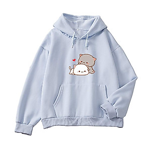 KEEVICI Women Kawaii Cartoon Cute Cat Graphic Casual Cotton Pullover Hoodies Sweatshirt Blue