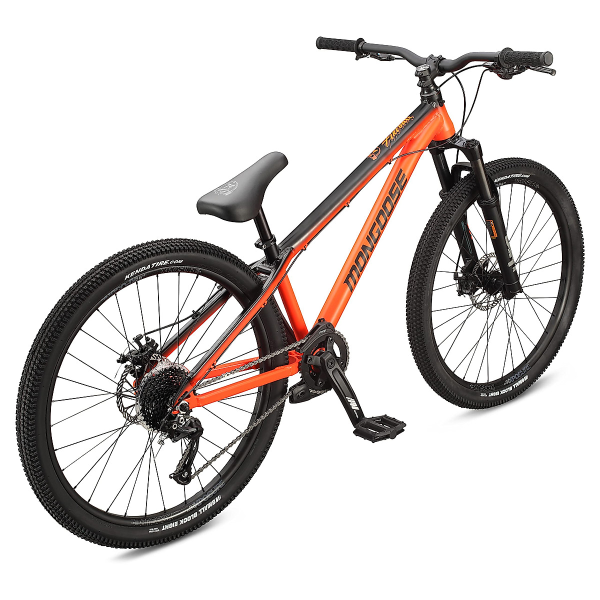 Mongoose Fireball Dirt Jump Mountain Bike, 26-Inch Wheel, 9-Speed Drivetrain, Front Suspension, Mechanical Disc Brakes, Orange